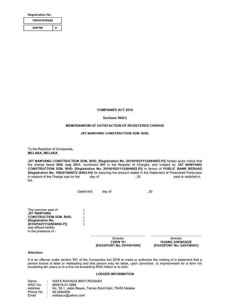 Satisfaction of Charge for JXT Nanyang | PDF