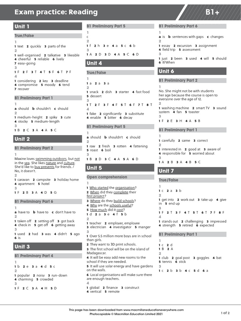 B1PLUS Exam Practice Reading Answer Key | PDF
