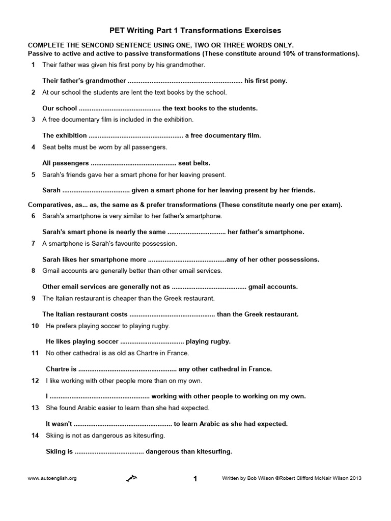 PET Writing Transformations Exercises | PDF | Home & Garden