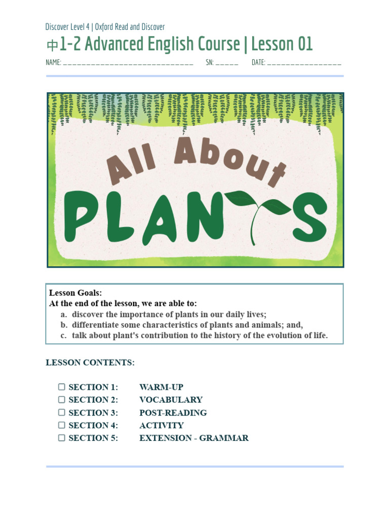 AEC All About Plants - Lesson 01 | PDF | Adverb | Preposition And Postposition
