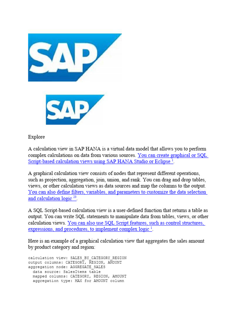SAP HANA Calculation Views Overview | PDF | Computers