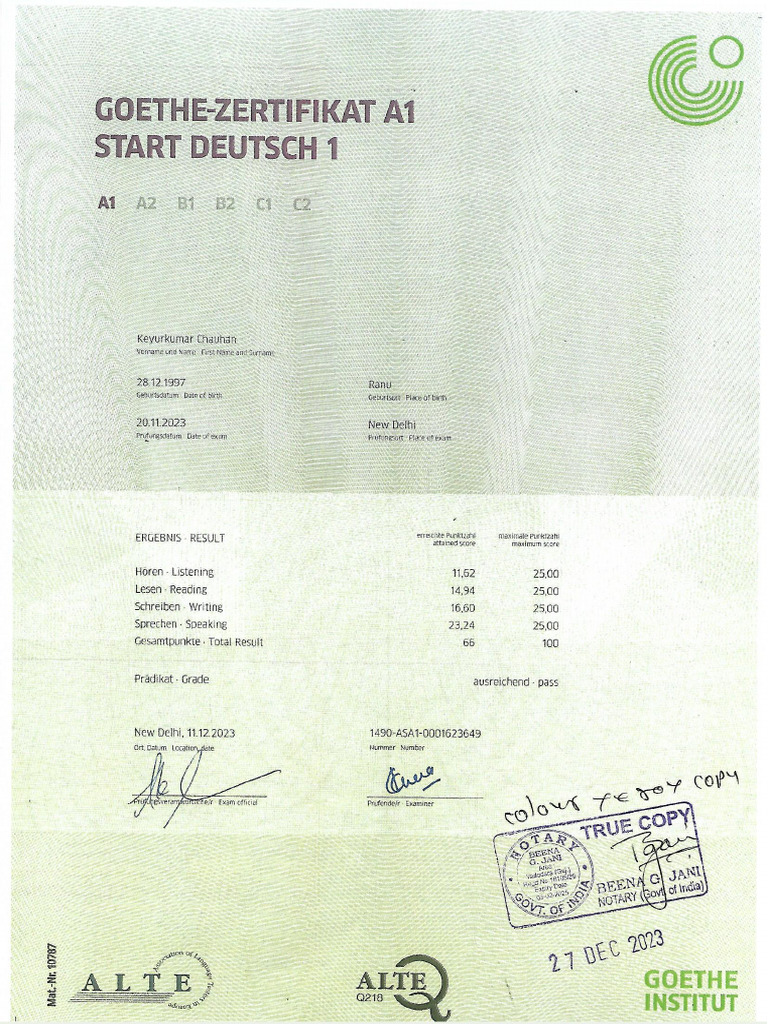 A1 Certificate | PDF