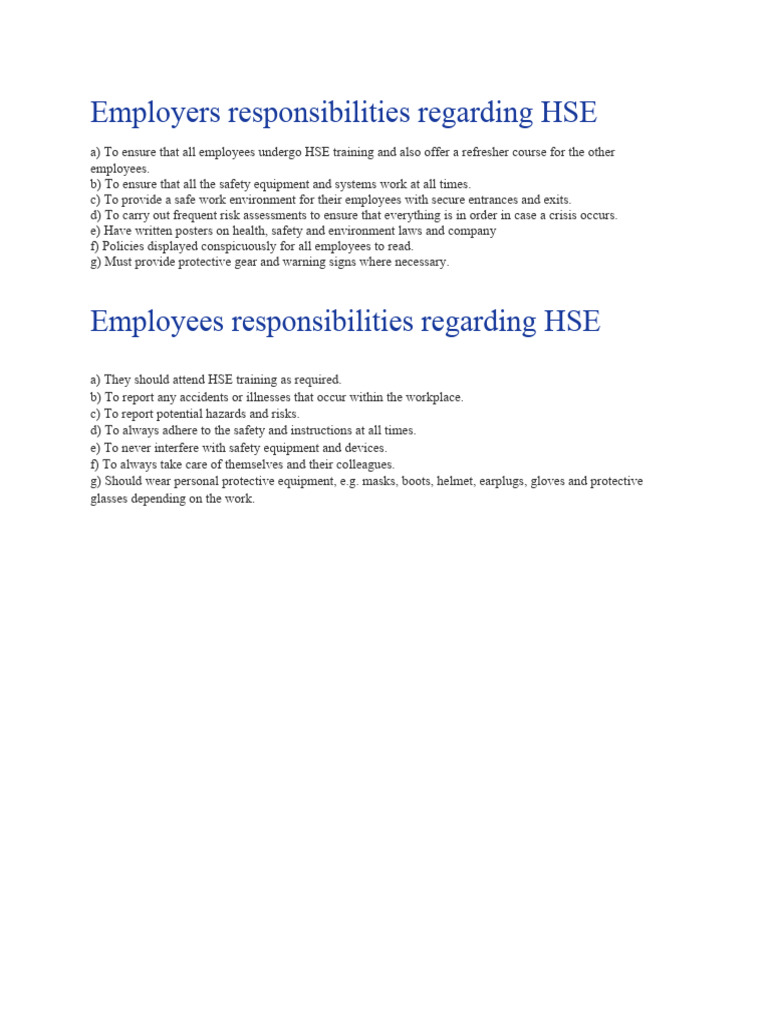 Employers Responsibilities Regarding HSE | PDF