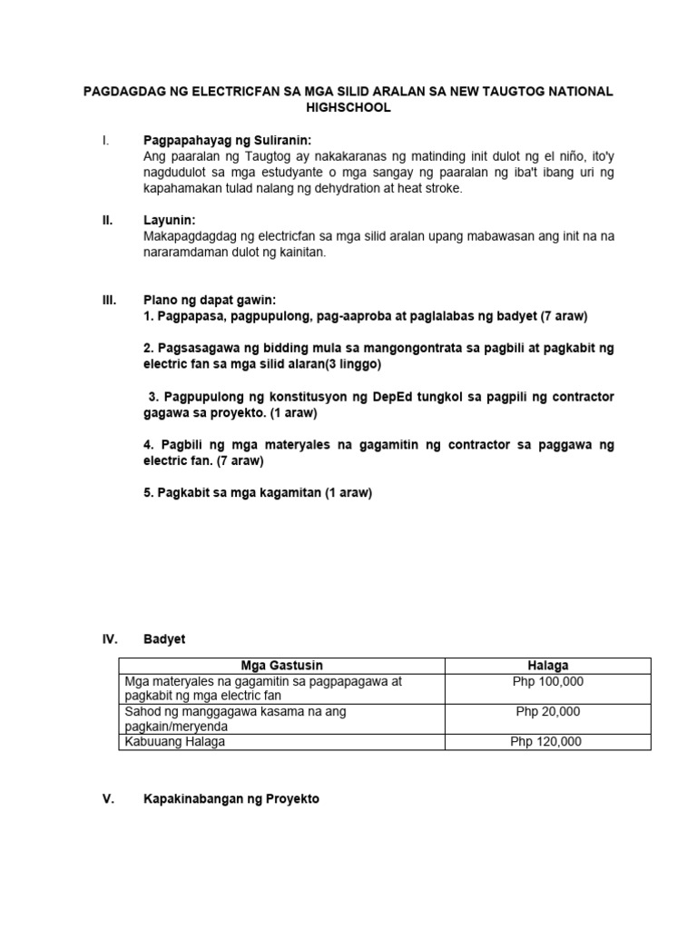 Sample Panukalang Proyekto | PDF