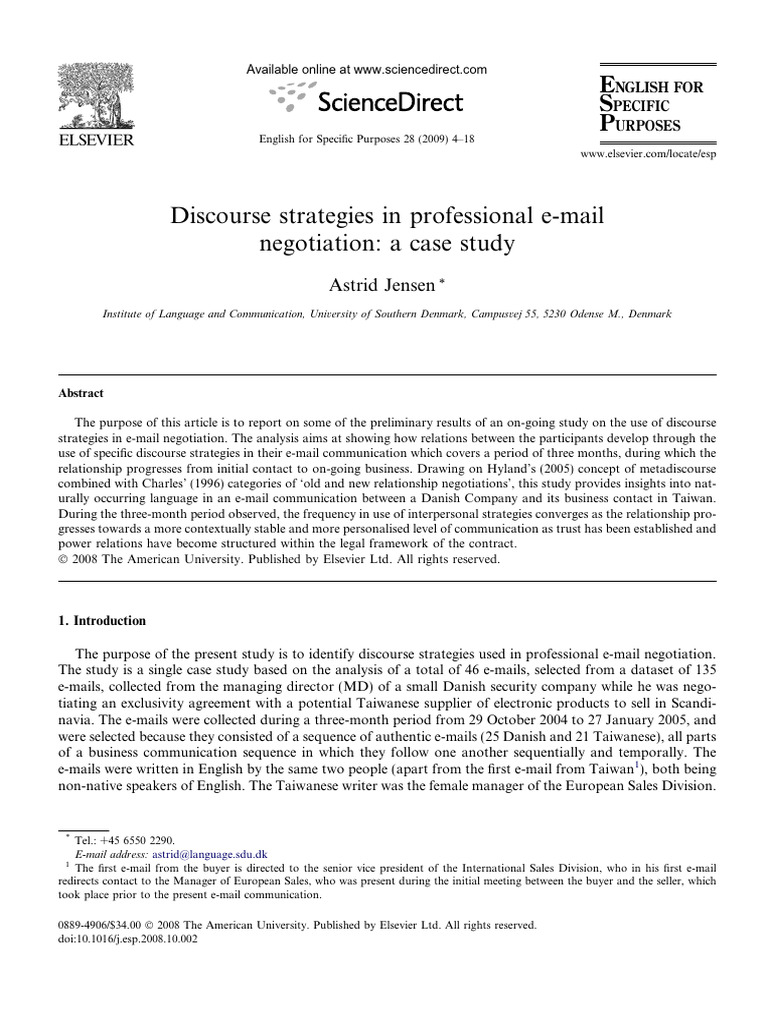 Discourse Strategies in Professional E-Mail Negotiation - A Case Study | PDF | Negotiation ...