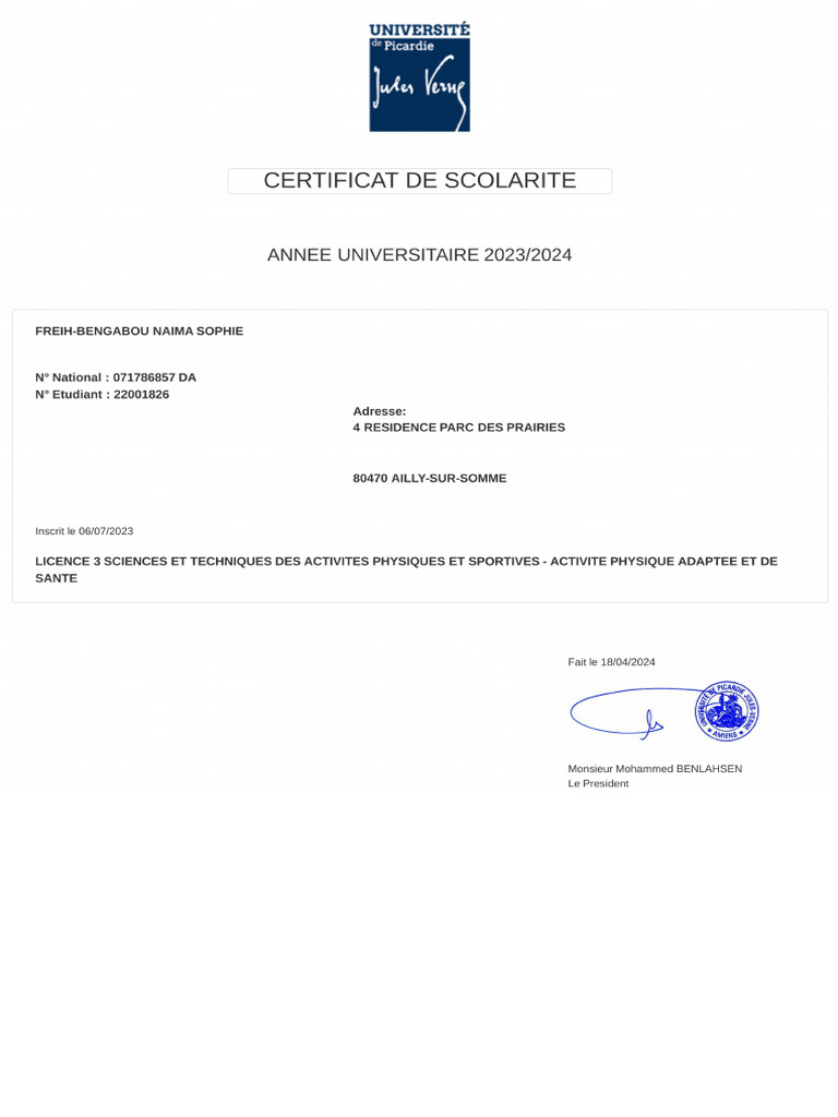 Certificat de Scolarité | PDF