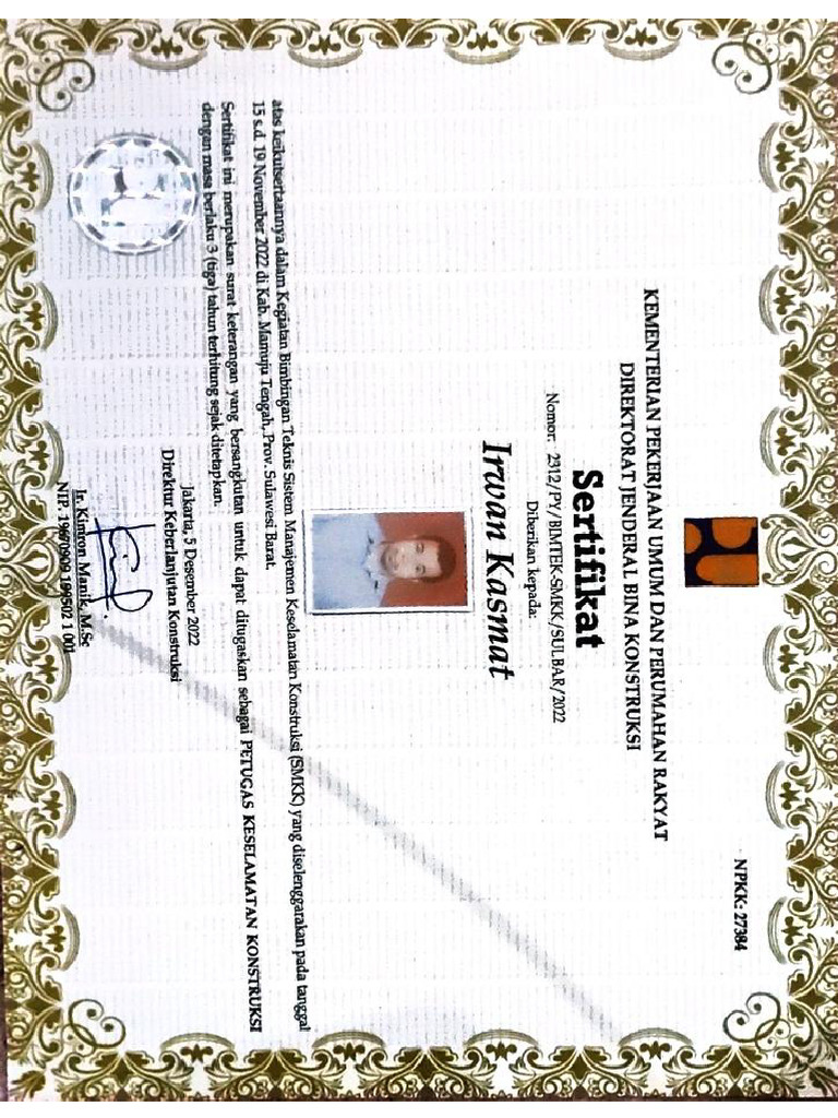 Sertifikat K3, KTP Dan NPWP Irwan Kasmat | PDF