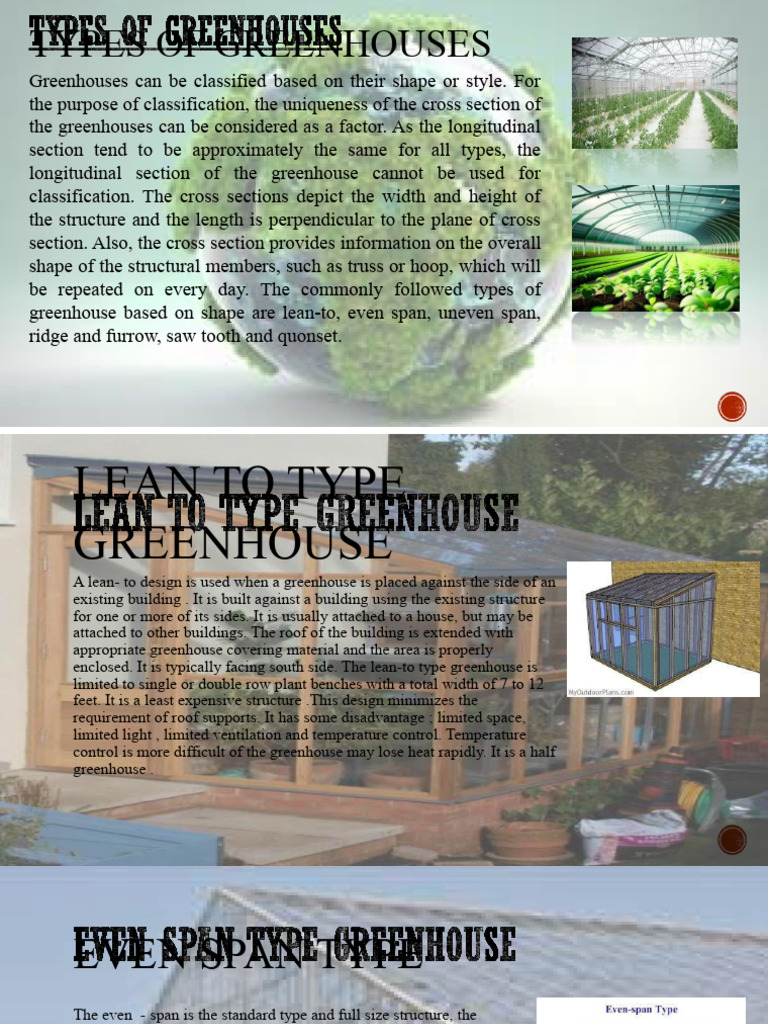 Types of Greenhouses and Their Applications | PDF | Greenhouse | Roof