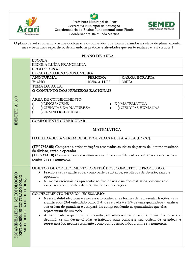 PLANO DE AULA Matemática 7º Ano 2-2 | PDF | Número racional | Matemática