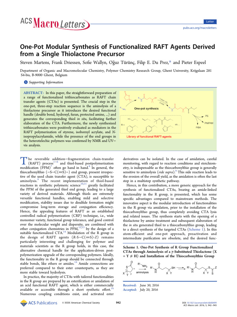 One-Pot Modular Synthesis of Functionalized RAFT Agents Derived From A Single Thiolactone ...