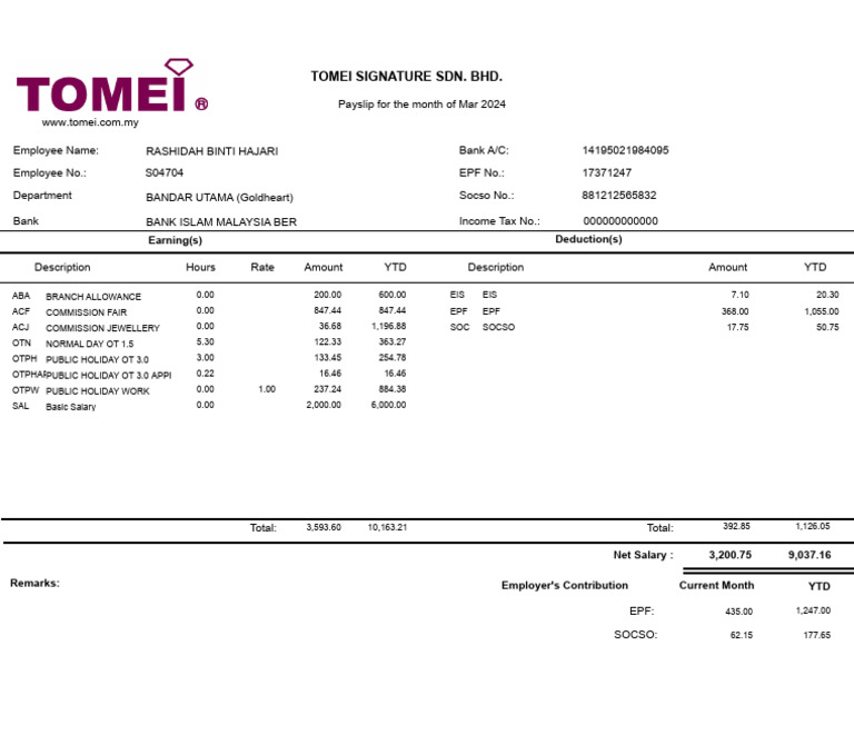 Payslip 202403 | PDF | Employment Compensation | Personal Finance