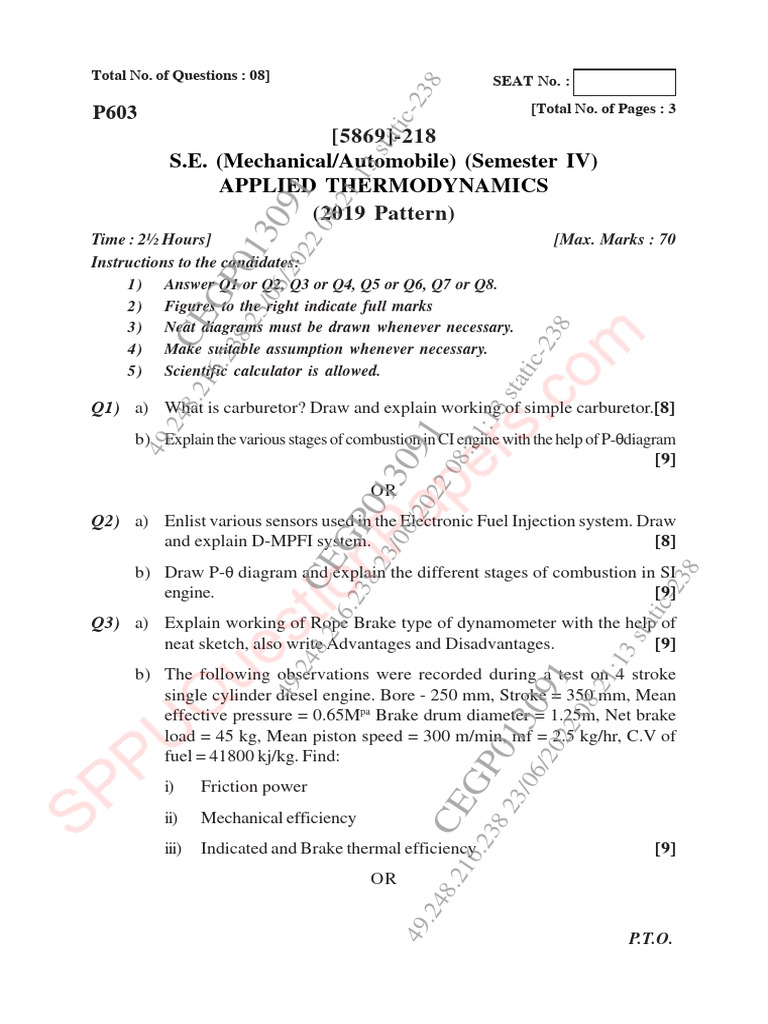 Be Mechanical Engineering Semester 4 2022 May Applied Thermodynamics at Pattern 2019 | PDF ...