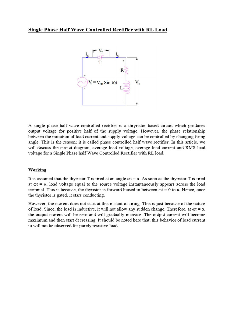 Single Phase Half Wave Controlled Rectifier With RL Load: Working | PDF