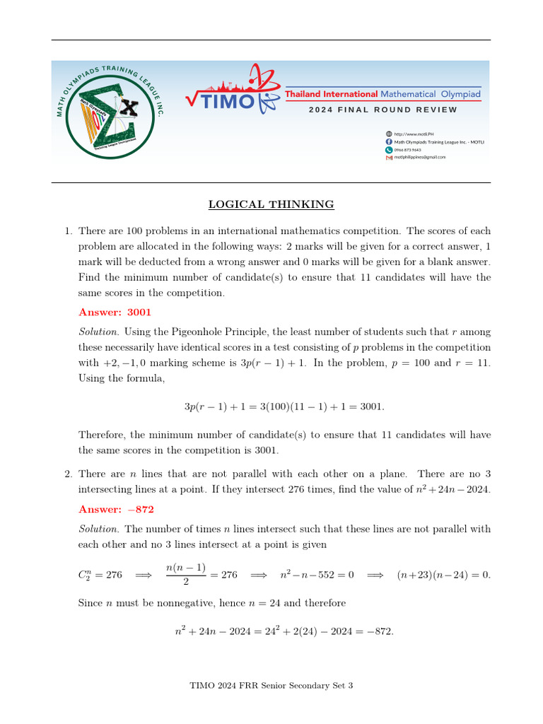 TIMO 2024 FRR SS Set 3 Corrected Solution Manual | PDF | Numbers | Mathematics