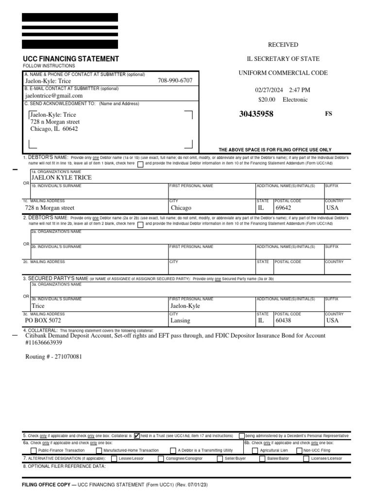 Ucc Financing Statement: Debtor'S | PDF | Assignment (Law) | Private Law