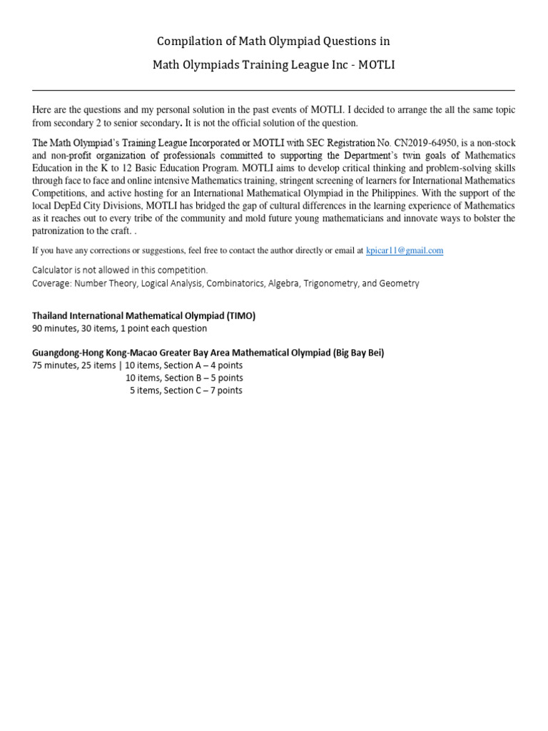 MOTLI Common Questions | PDF | Mathematics | Elementary Mathematics