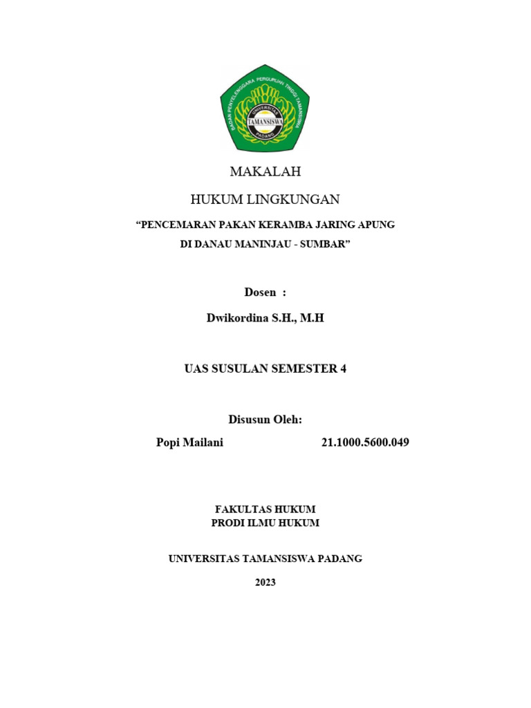 UAS - Makalah - Pencemaran KJA Danau Maninjau 2023 | PDF