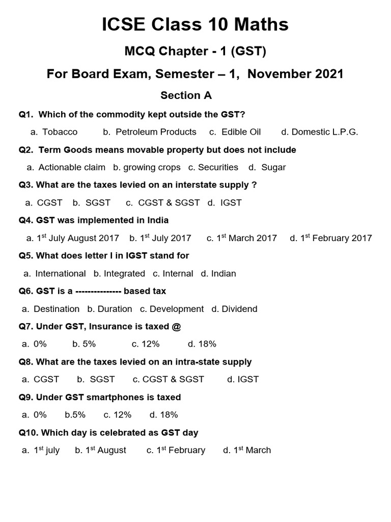 ICSE Class 10 Maths MCQ - GST | PDF | Value Added Tax | Trade ICSE Class 10 Maths MCQ - GST | PDF | Value Added Tax | Trade