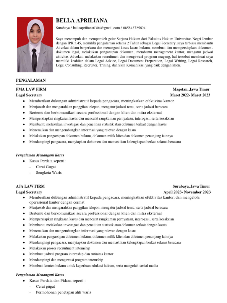 CV Bella Apriliana: Legal Secretary | PDF | Karier & Perkembangan