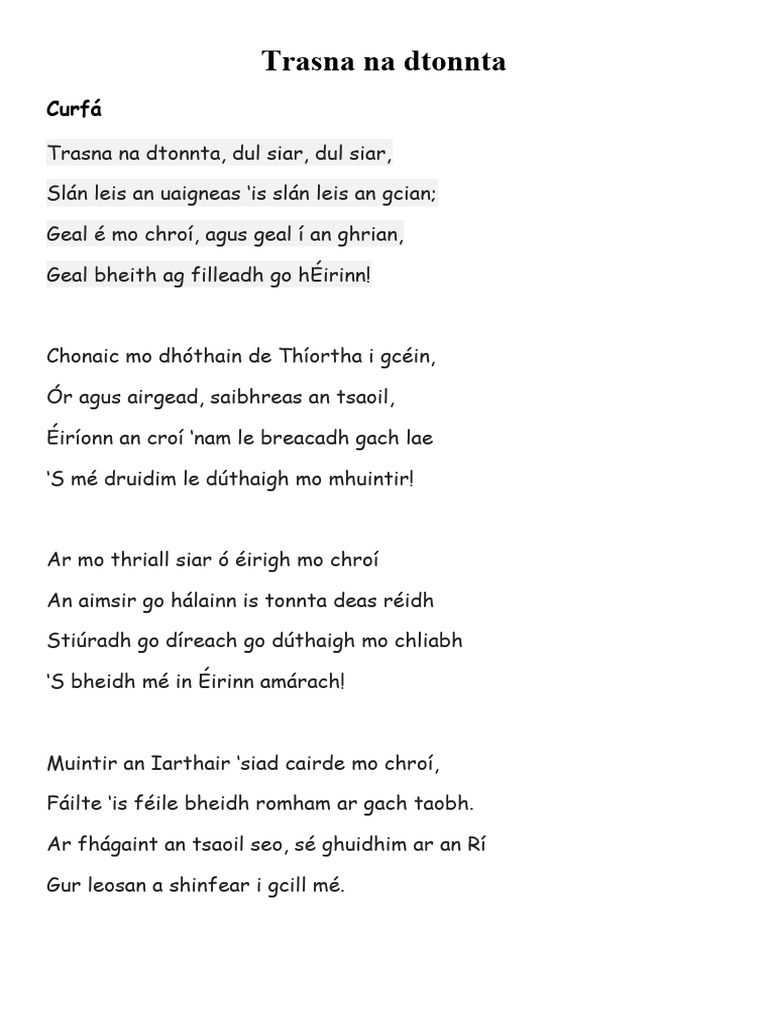 Trasna na dtonnta: Irish Song Lyrics | PDF