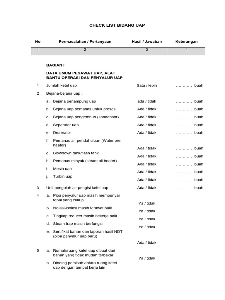 Checklist Pemeriksaan Pesawat Uap | PDF
