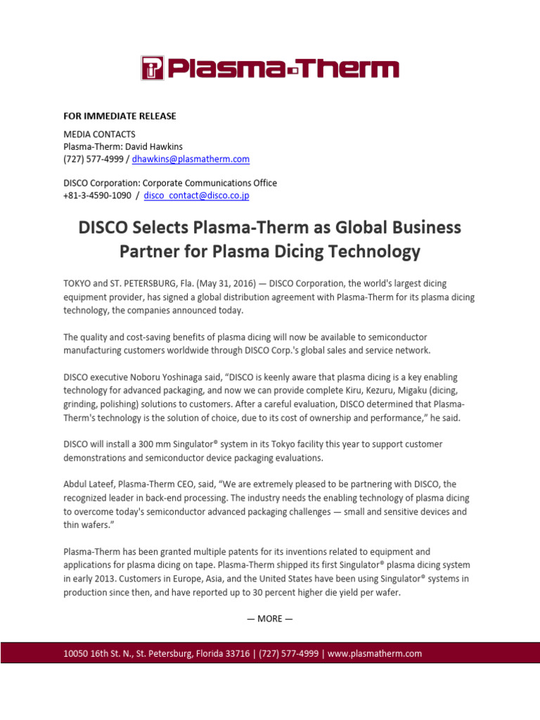 DISCO Selects Plasma-Therm As Global Business Partner For Plasma Dicing Technology | PDF | Wafer ...