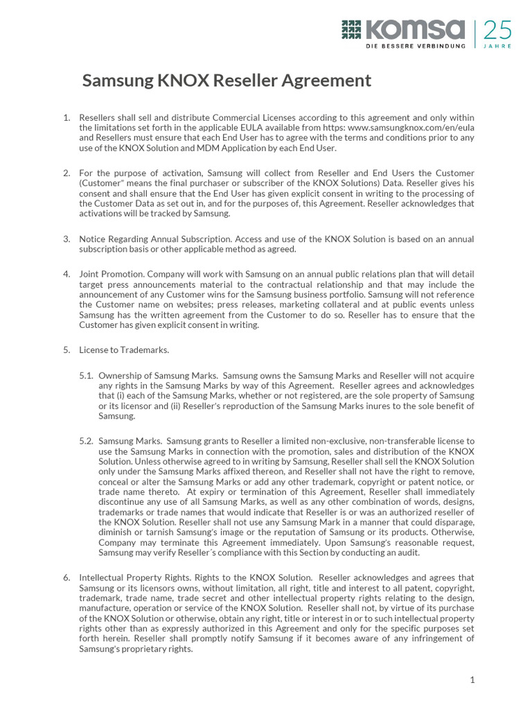 KOMSA Samsung KNOX Reseller Agreement | Download Free PDF | Indemnity ...