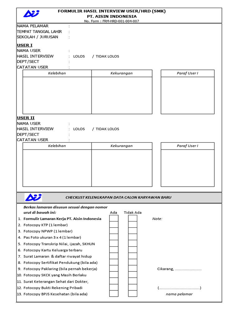 Application Form Aisin Indonesia STM-03 Rev03 + Ceklist | PDF