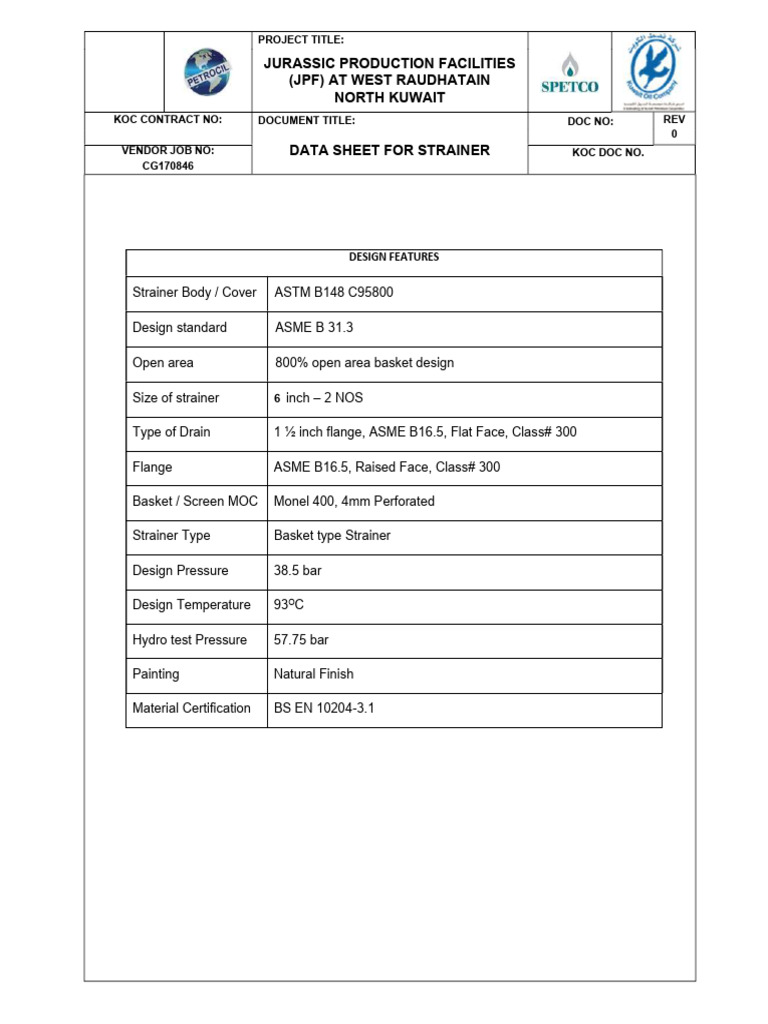 JPF Strainer Data Sheet - Kuwait Project | PDF | Home & Garden