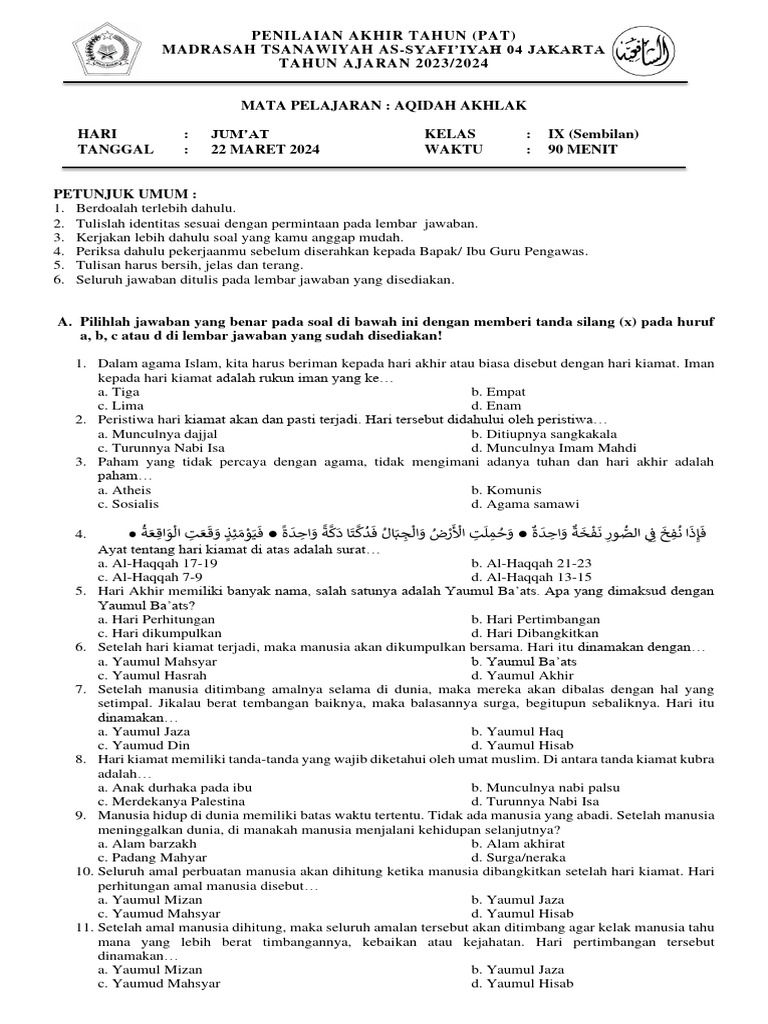 PAT Akidah Kelas 9 | PDF