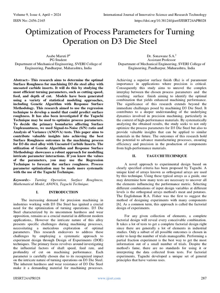 Optimization Of Process Parameters For Turning Operation On D3 Die