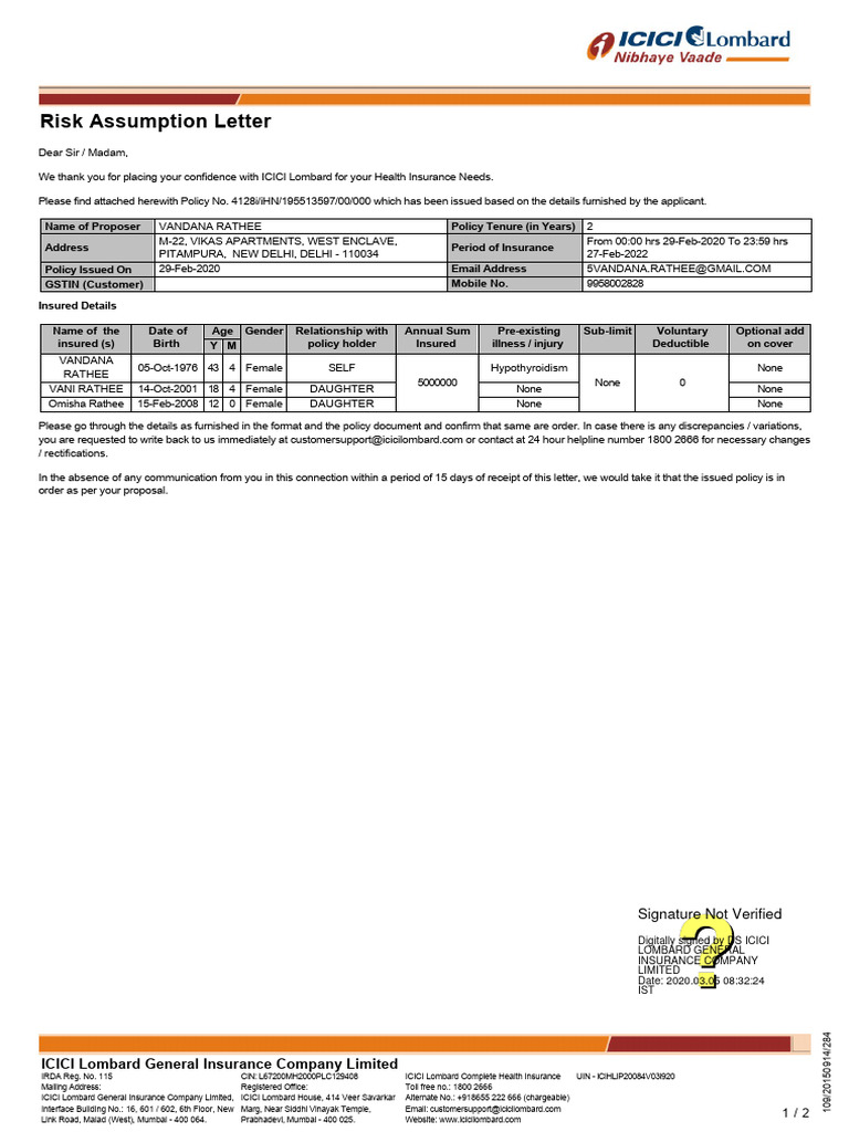 Risk Assumption Letter: ICICI Lombard General Insurance Company Limited ...