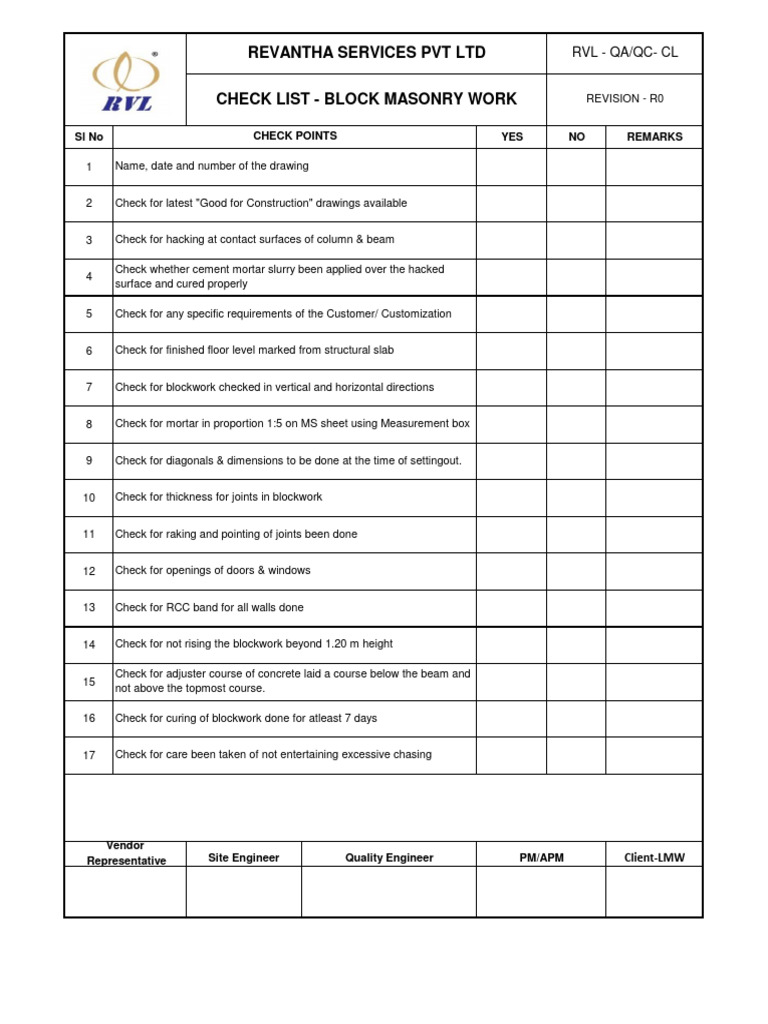 Block Masonary Work Check List | PDF