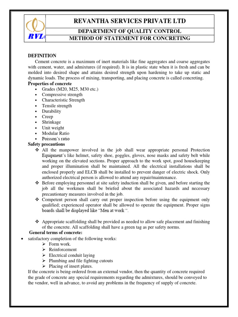 Concreting Method Statement Guide | PDF | Concrete | Secondary Sector ...