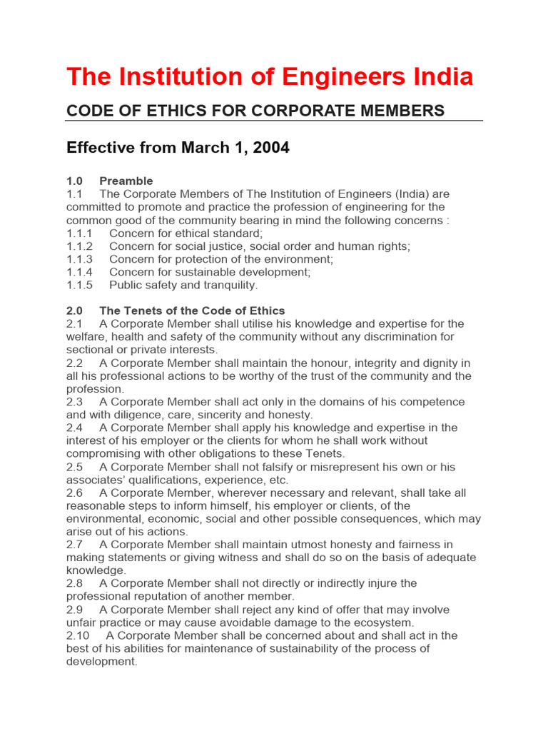 Code of Ethics for Engineers in India | PDF | Social Justice | Conflict ...