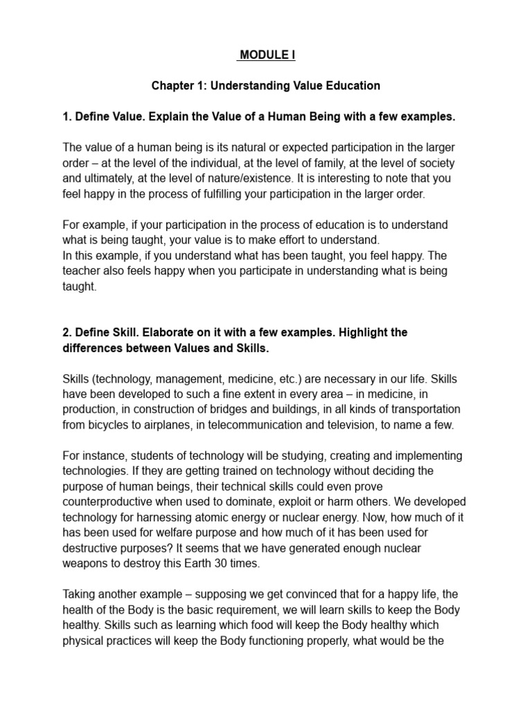 Chapter 1: Understanding Value Education 1. Define Value. Explain The Value of A Human Being ...