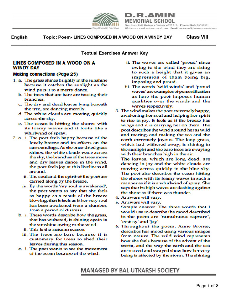 Lines Composed in A Word On A Windy Day Answer Key | PDF