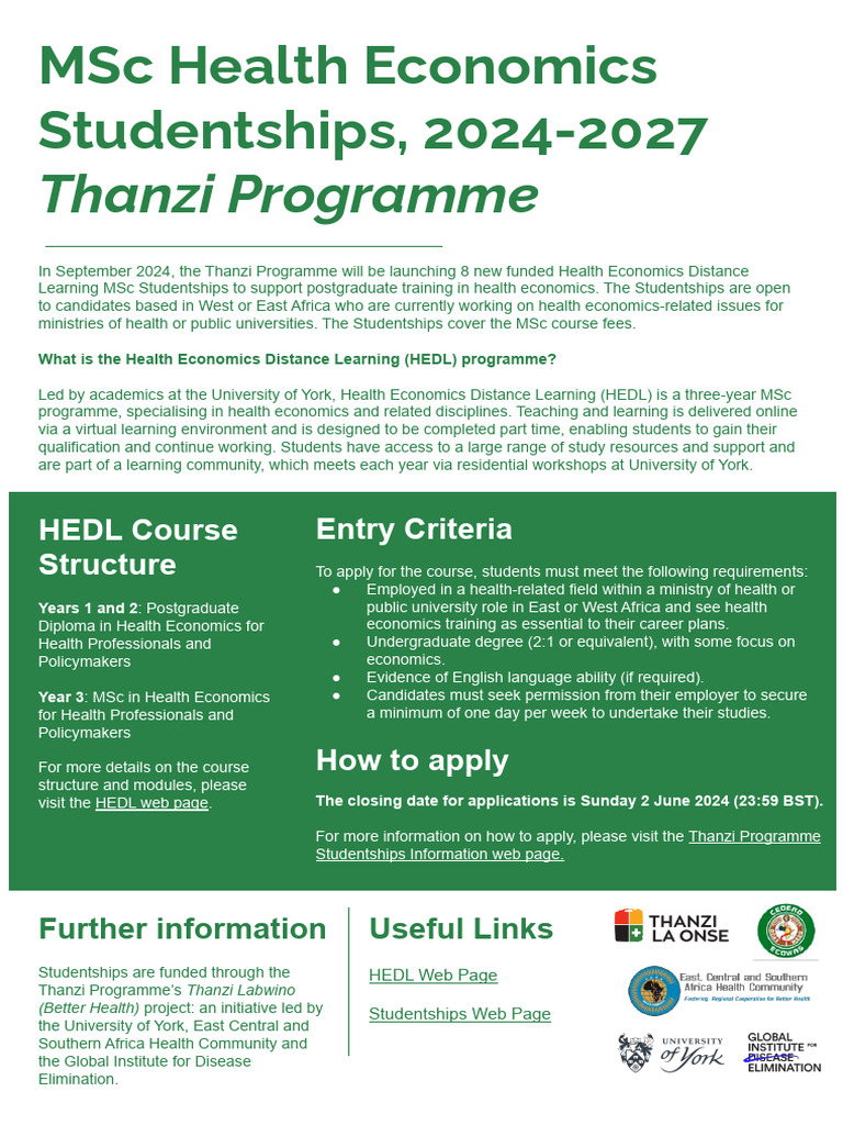 advert-msc-health-economics-studentships-2024-2027-thanzi-programme