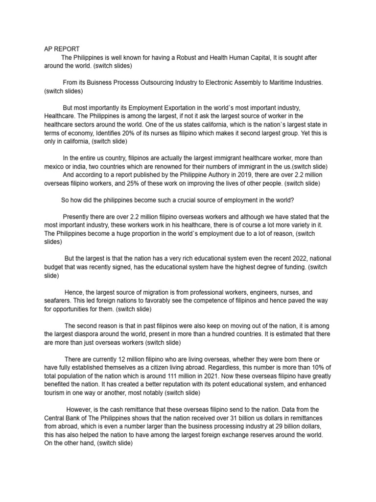 AP REPORT | PDF | Human Capital Flight | Philippines
