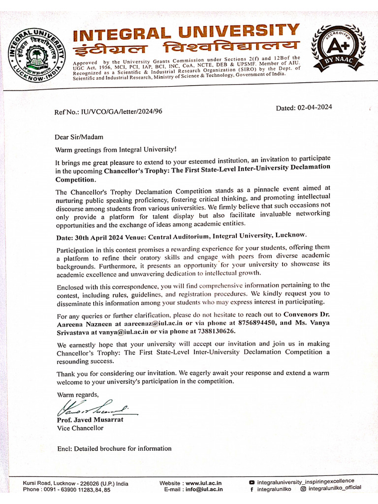 Letter Form Hon'ble VC Sir | PDF