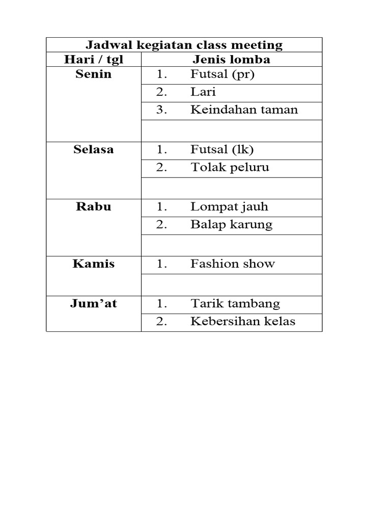 Jadwal Kegiatan Class Meeting | PDF