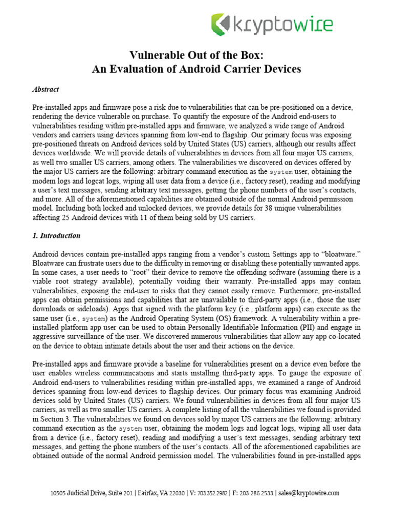 DEFCON 26 Johnson and Stavrou Vulnerable Out of The Box An Eval of Android Carrier Devices WP ...