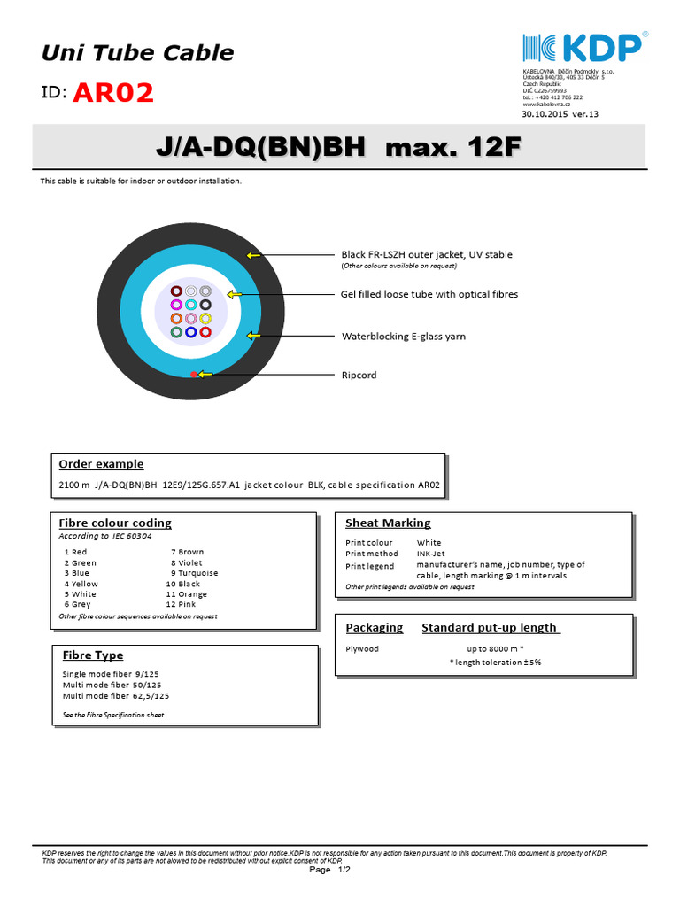 Datasheet of AR02 Cable | PDF | Optical Fiber | Materials