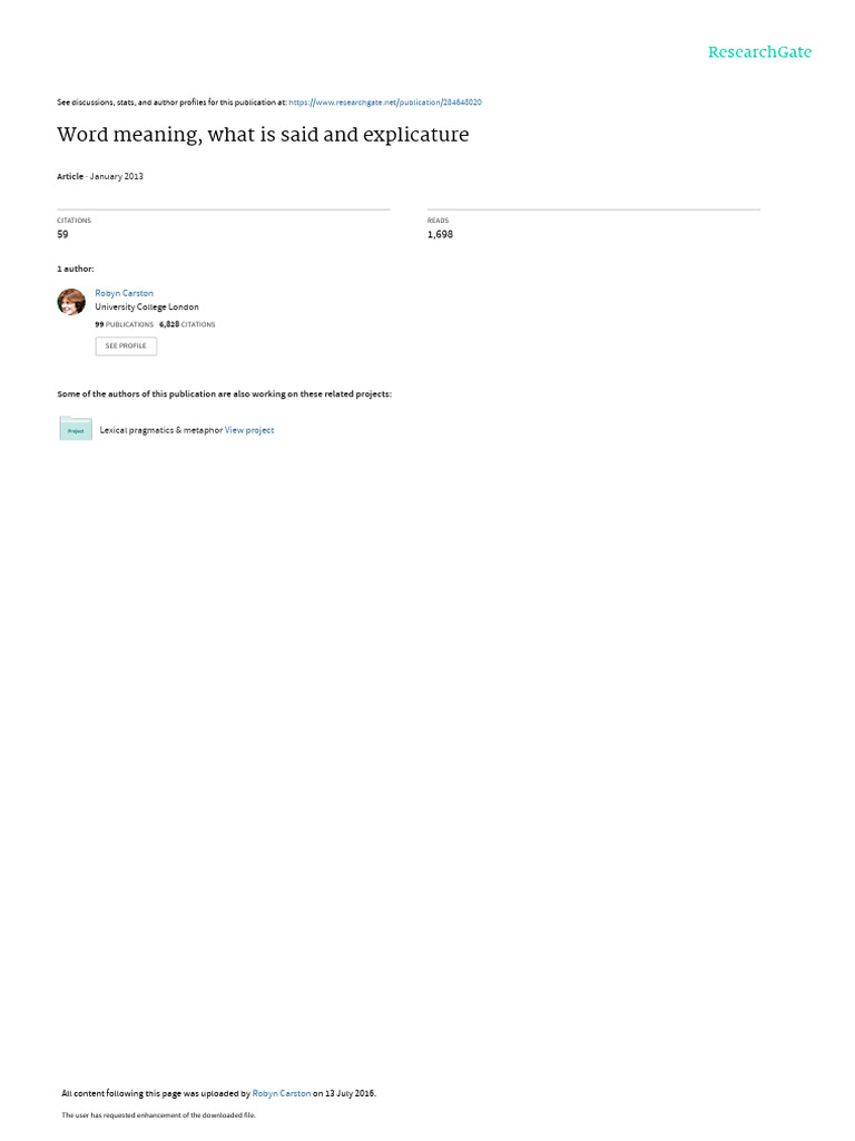 Carston 2013 WordMean Explicature | Download Free PDF | Semantics | Concept