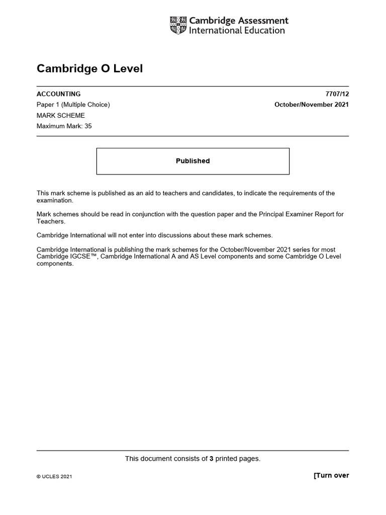 Cambridge O Level: Accounting 7707/12 October/November 2021 | PDF ...