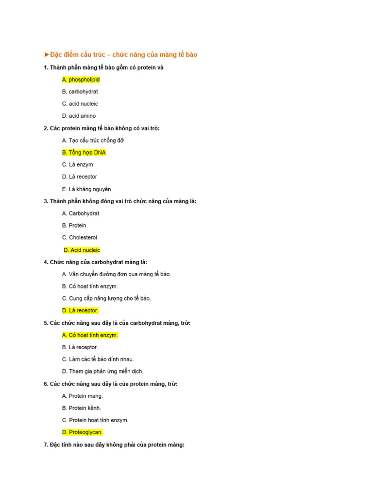 SINH LÝ TẾ BÀO - TRAO ĐỔI CHẤT QUA MÀNG TẾ BÀO - C U HỎI ÔN TẬP | PDF