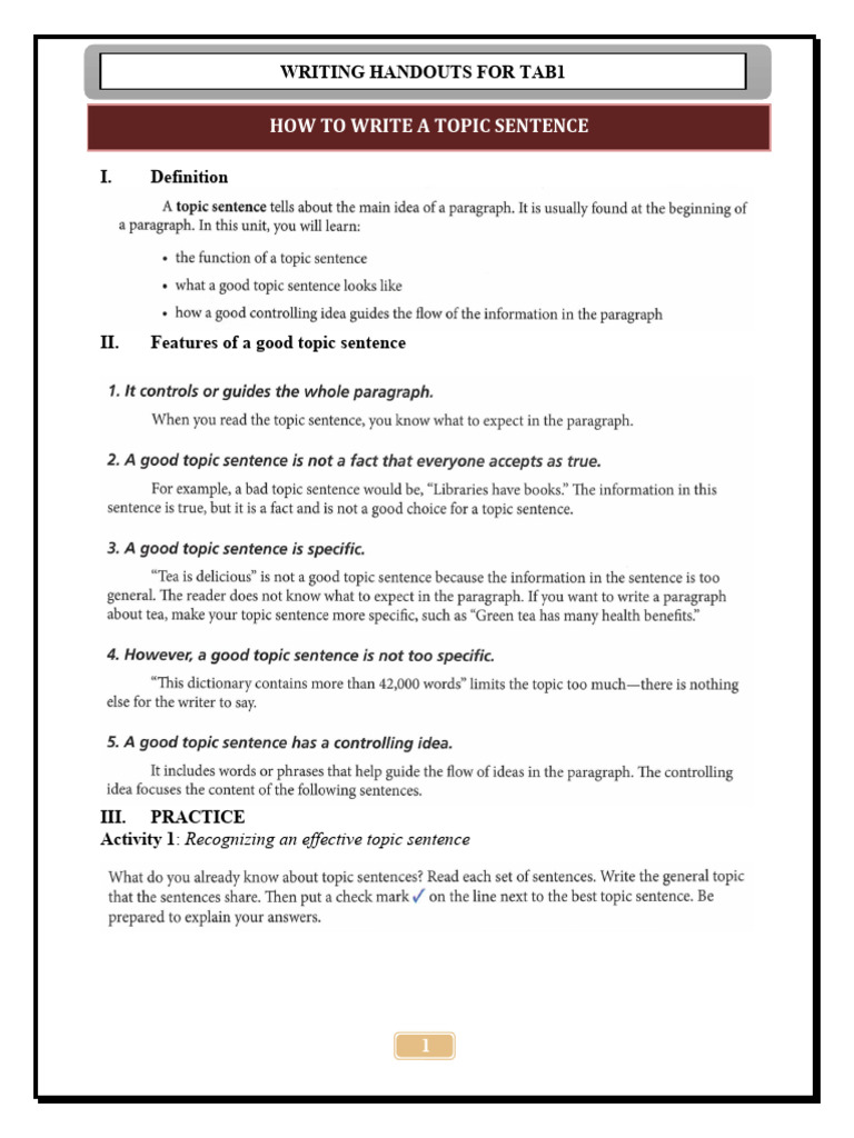 Writing Handout 3. Topic Sentence | PDF