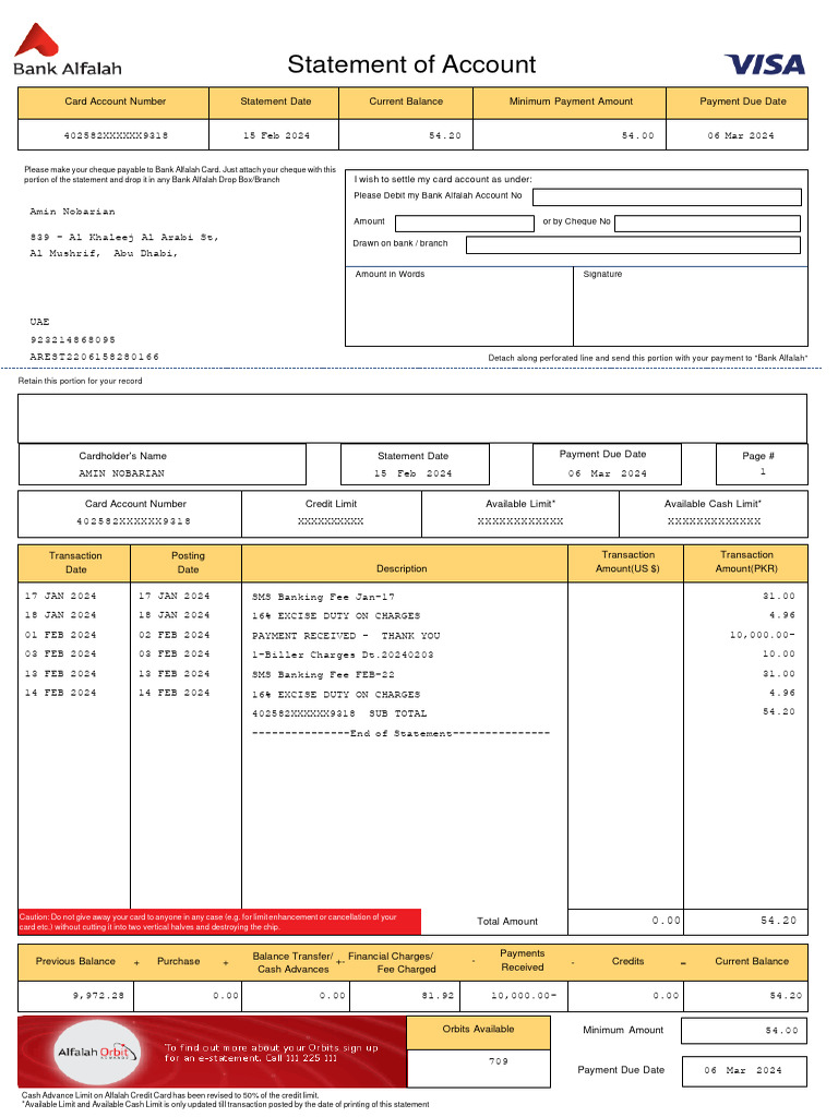 Statement of Account: I Wish To Settle My Card Account As Under: Please Debit My Bank Alfalah ...