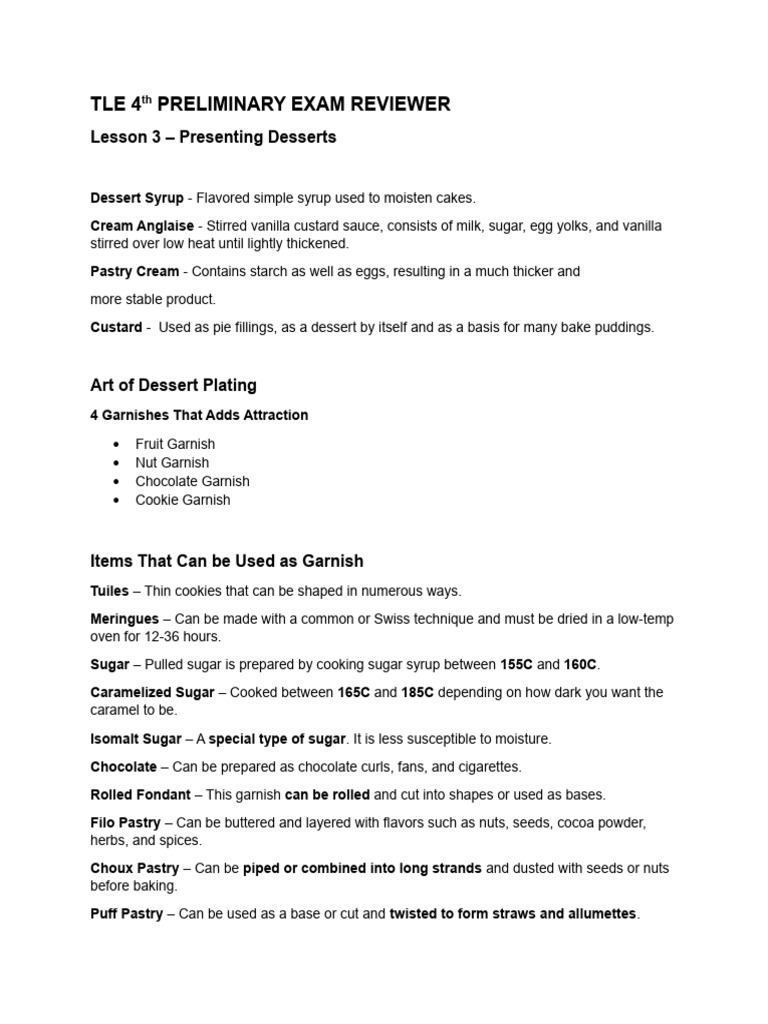 TLE_4th_PRELIMINARY_EXAM_REVIEWER | PDF | Desserts | Custard