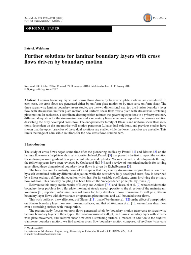 Further Solution For Laminar Boundary Layer With Cross Flow Driven by Boundary Motion | PDF ...